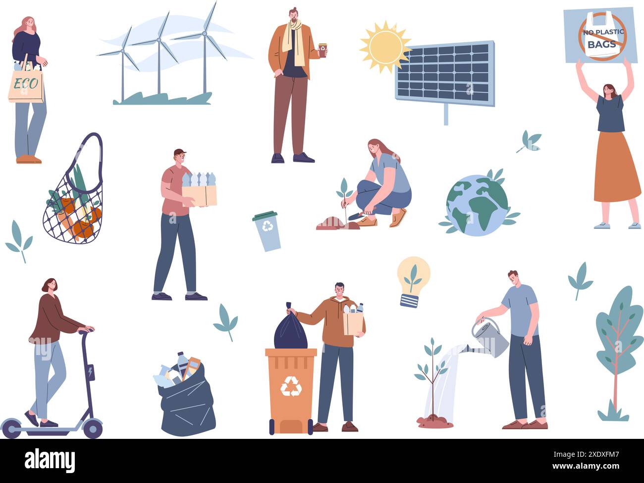 Eco friendly characters. People protecting nature, using sun energy ...