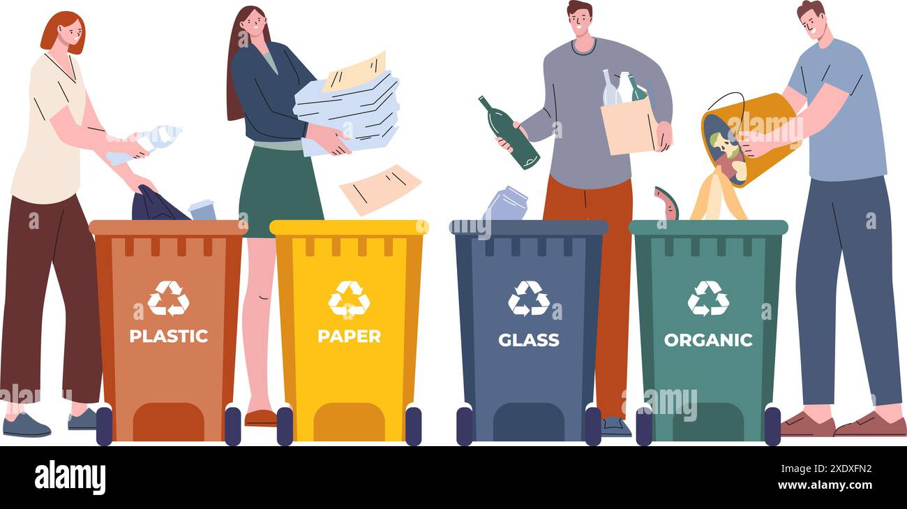 People sorting waste. Plastic bins for paper glass organic garbage ...