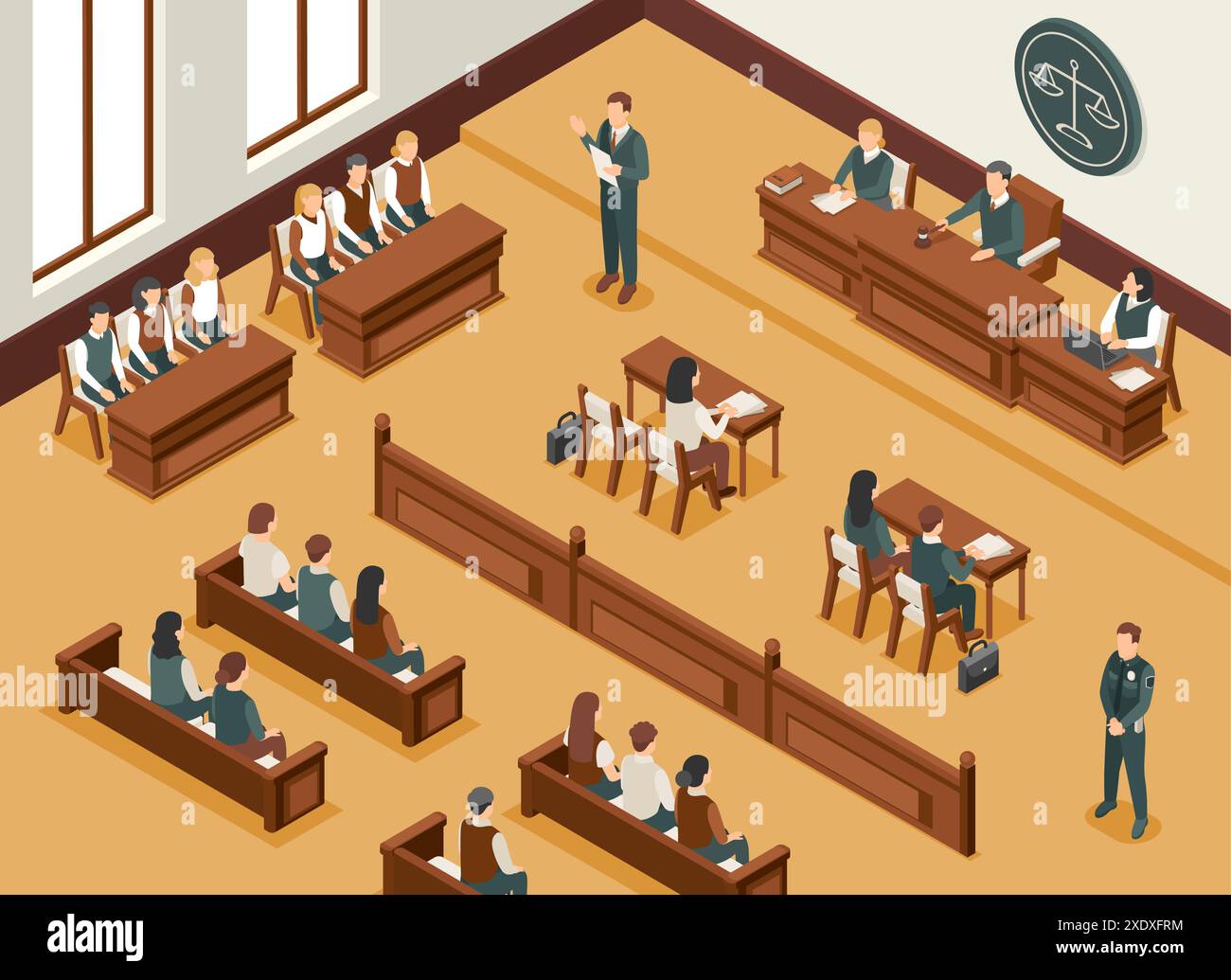 Isometric court process. Jurors witnesses lawyers and spectators at ...