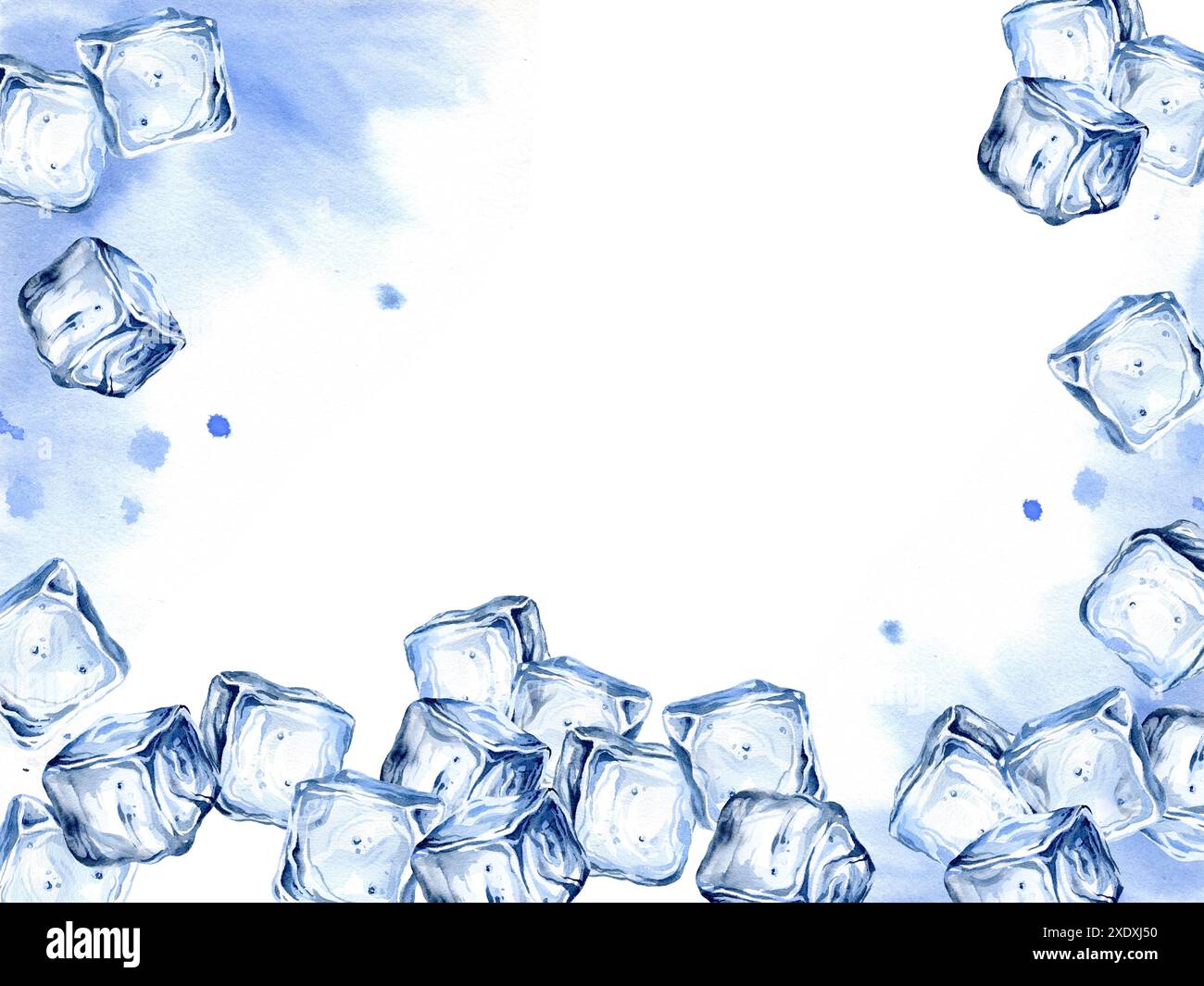 crystal ice blocks, horizontal frame with hand drawn watercolor ...