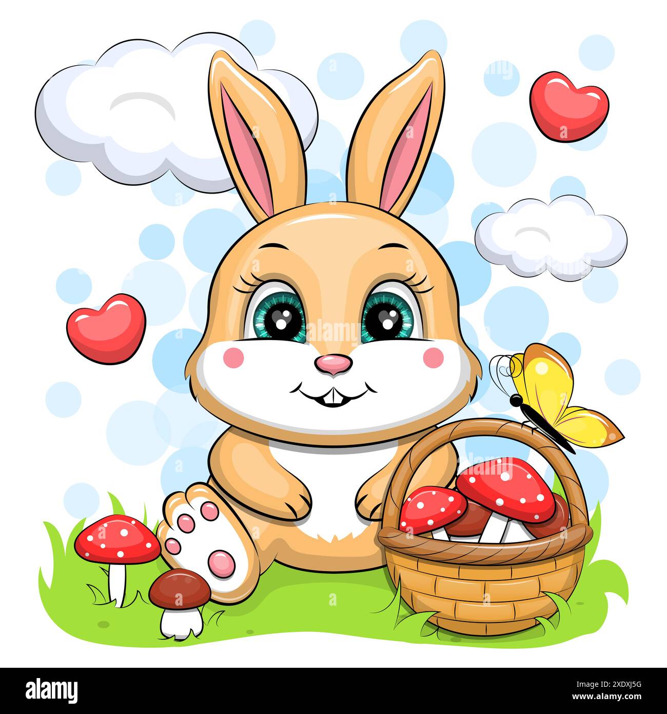 Cute cartoon baby rabbit with a basket full of mushrooms. Vector ...