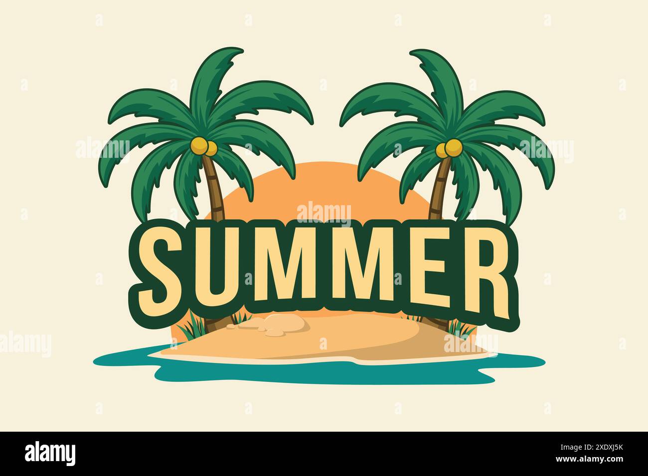 Tropical island with palm trees and sunset background. The word "summer ...