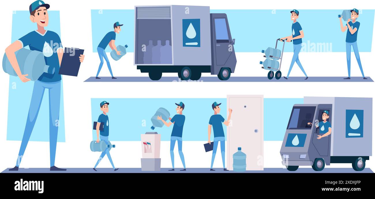 Water delivery. Service people transporting water plastic bottles exact ...