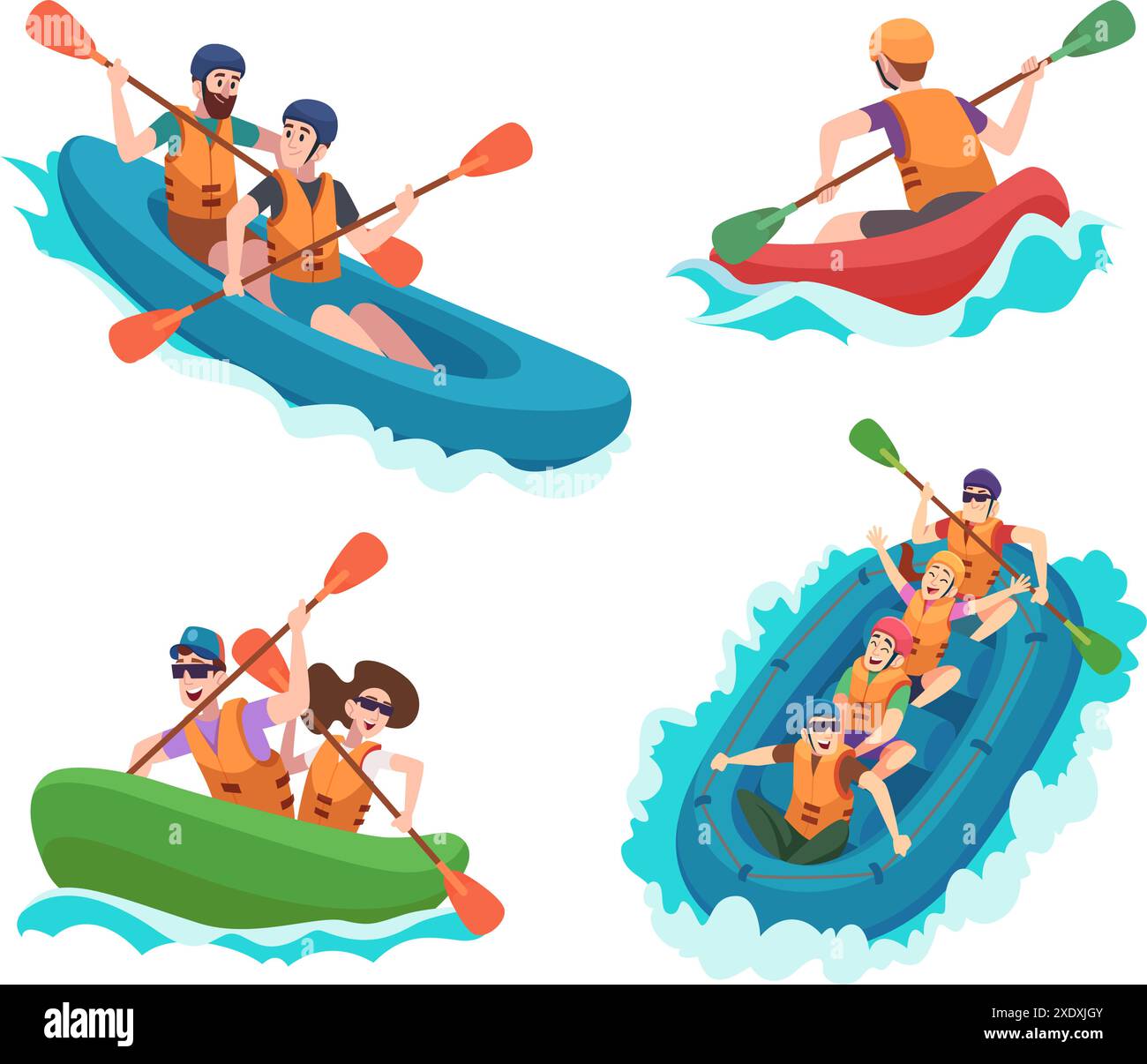 Kayaking. Water sport characters extreme rafting male and female active ...