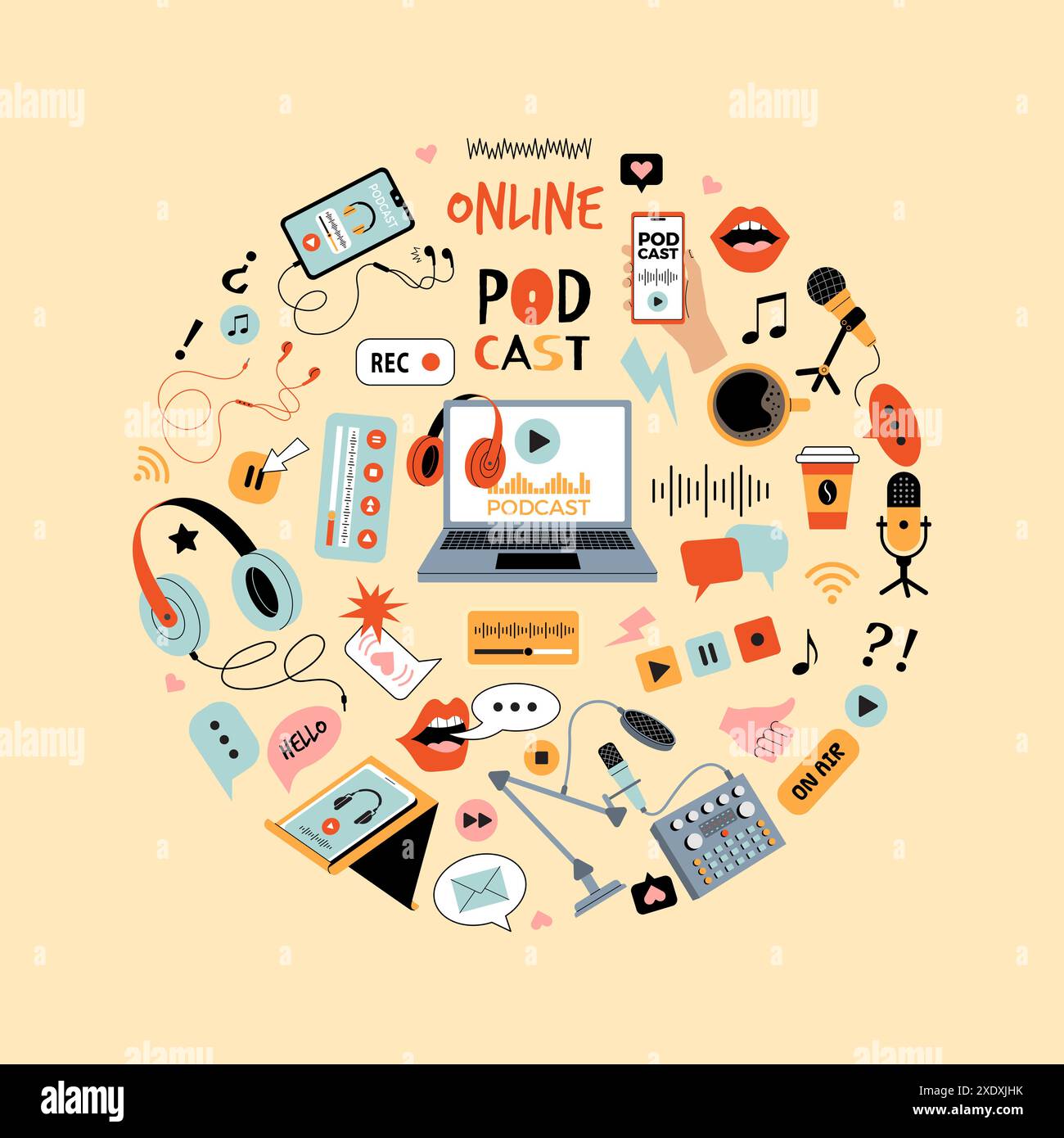 Podcast circle round background design with music audio broadcast ...