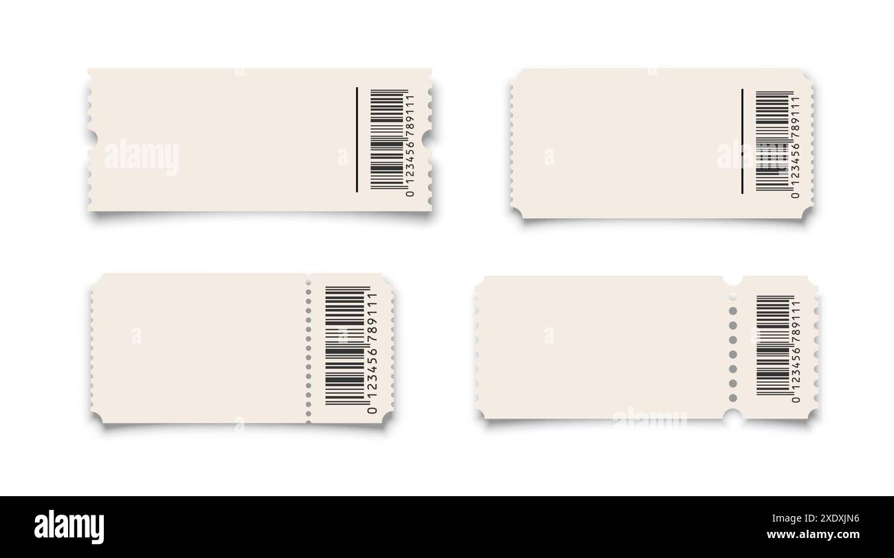 Theater, cinema ticket realistic vector template. Coupon, discount voucher with barcode mockup ...