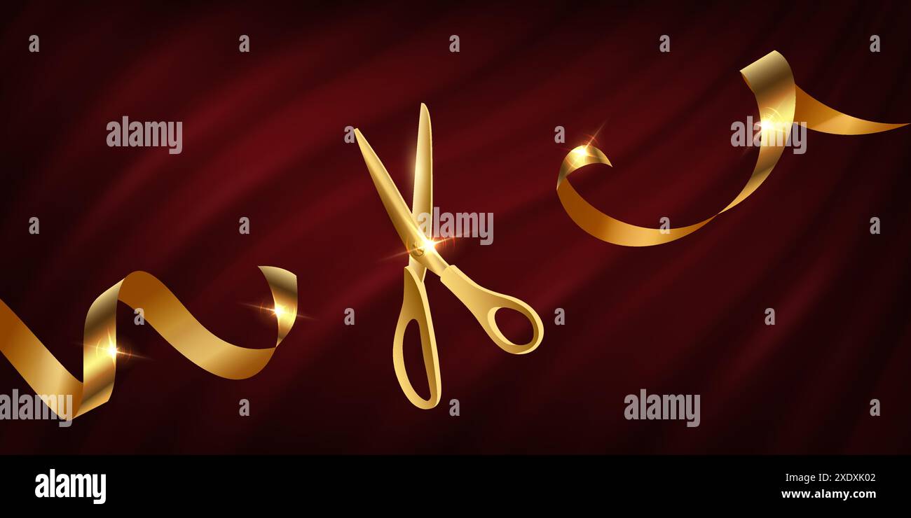 Golden scissors cut gold ribbon on red curtain background realistic ...