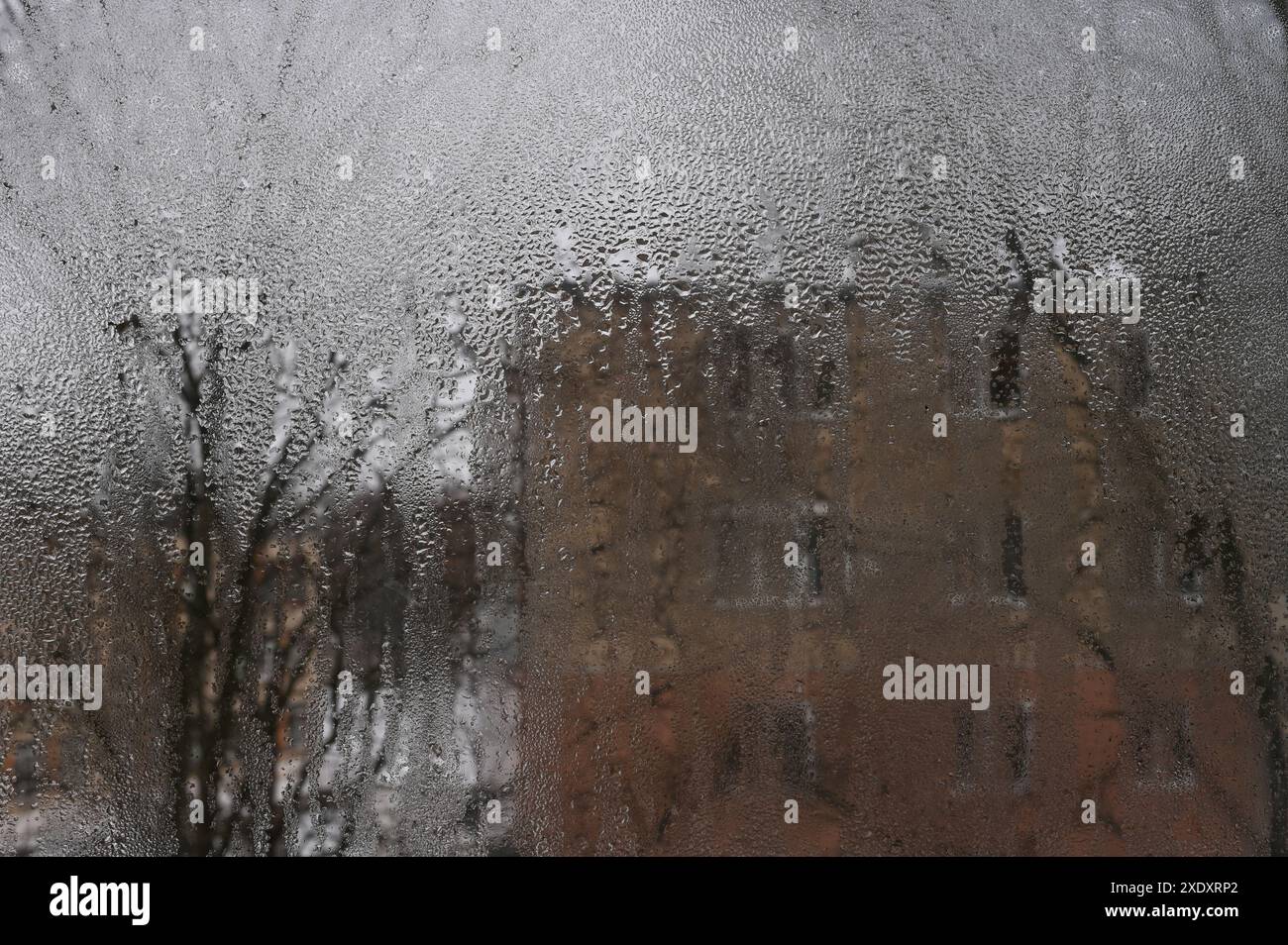 the view from the fogged window. condensation of water droplets on the ...