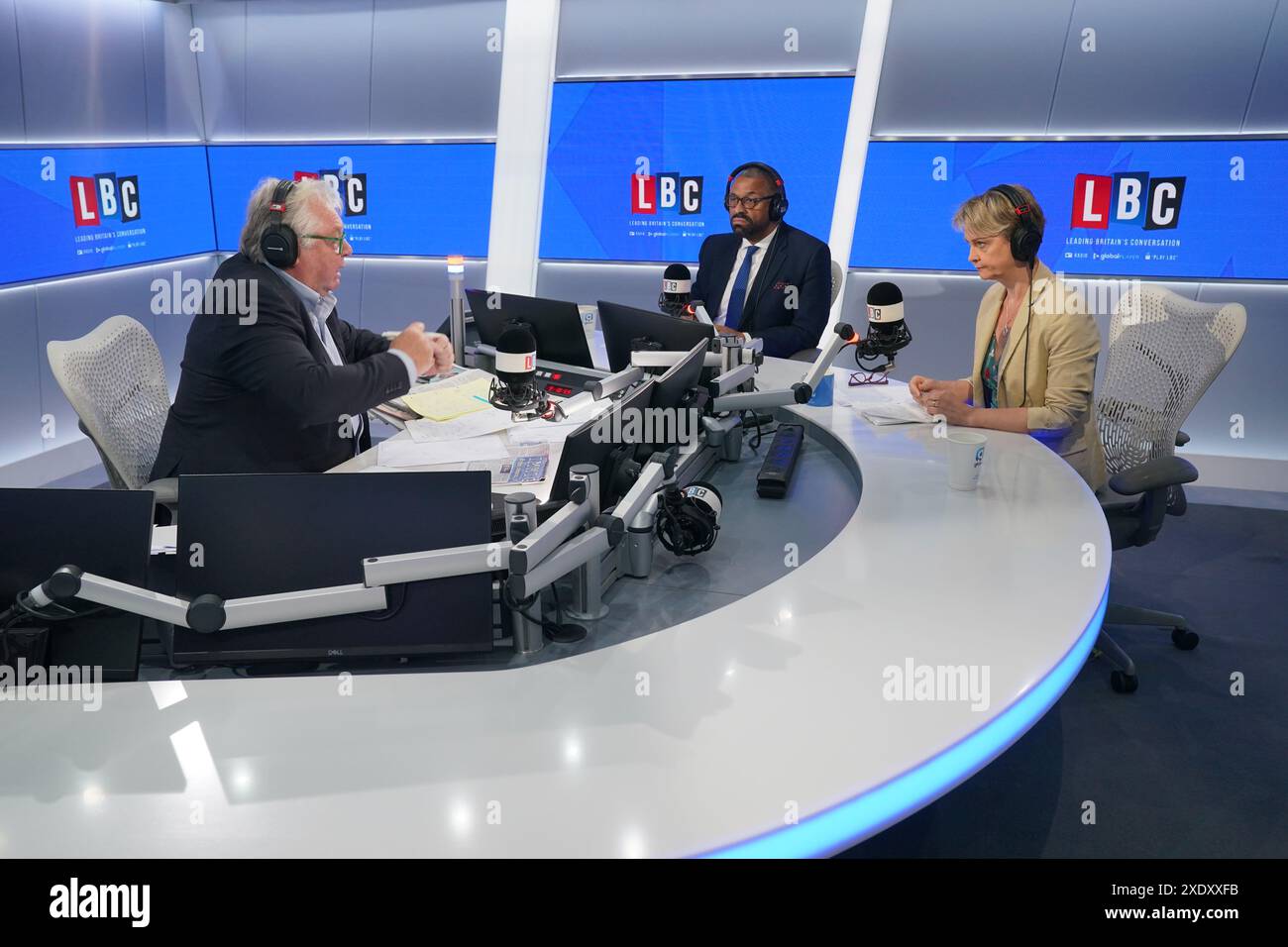 (left to right) Nick Ferrari, Home Secretary James Cleverly and shadow ...