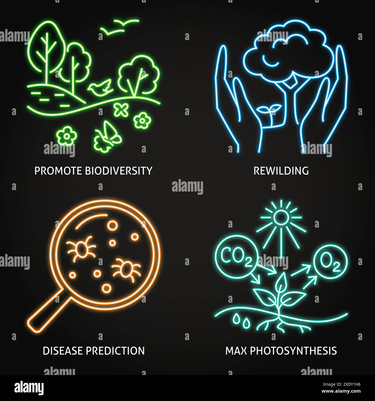Nature conservation and protection neon icon set. Biodiversity ...