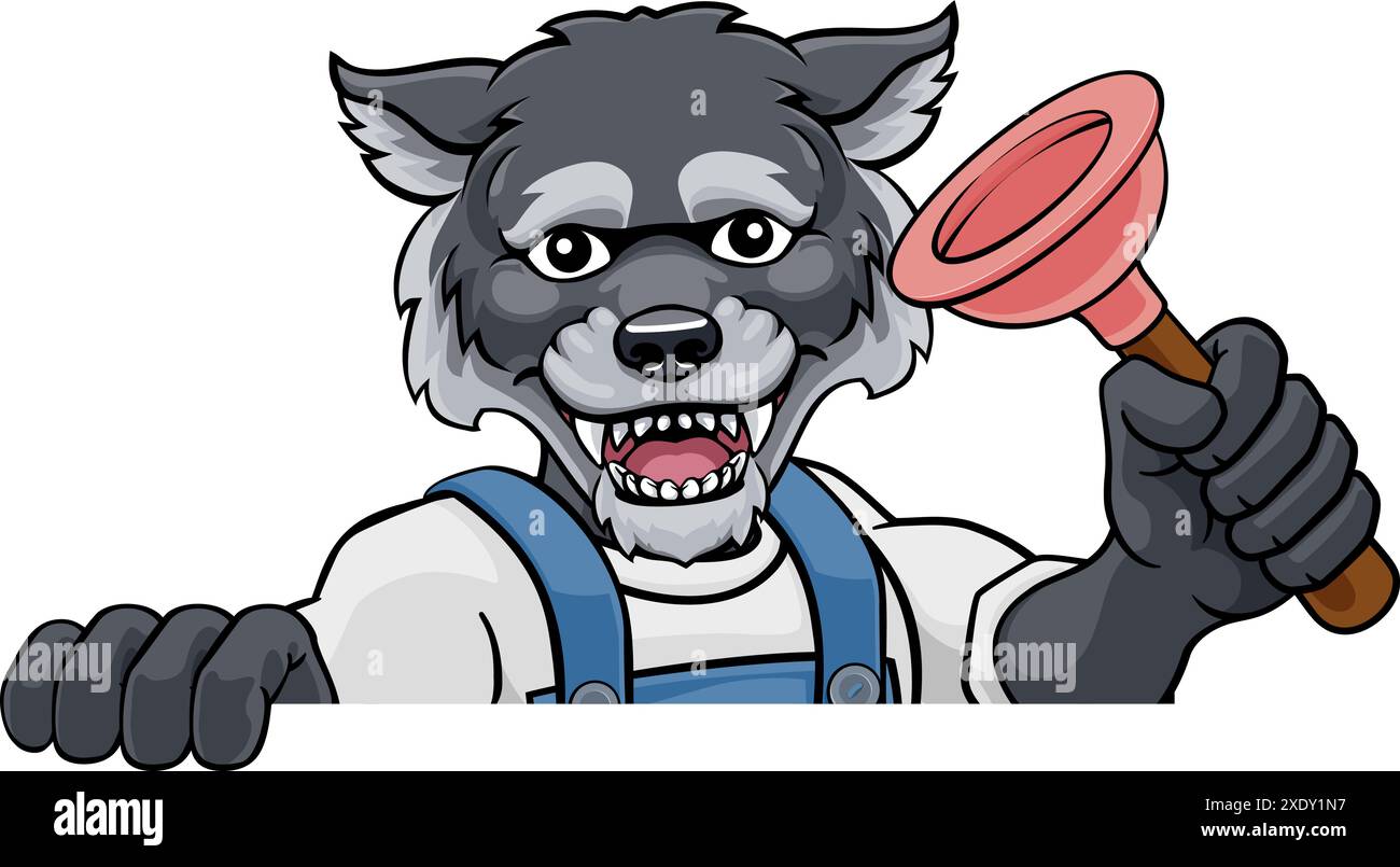 Wolf Plumber Cartoon Mascot Holding Plunger Stock Vector Image & Art ...