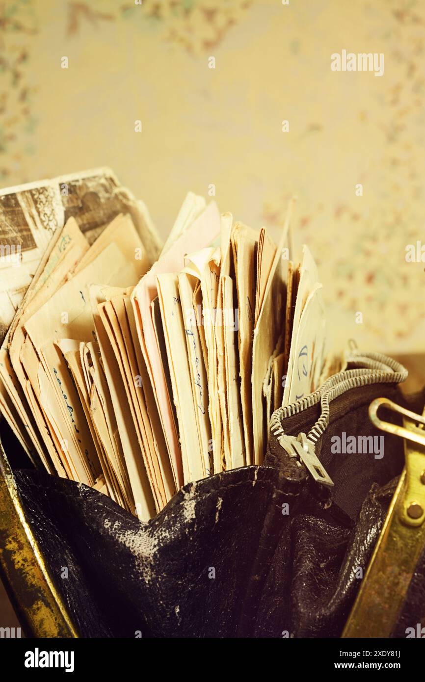 Old paper letters and documents in the vintage handbag Stock Photo - Alamy