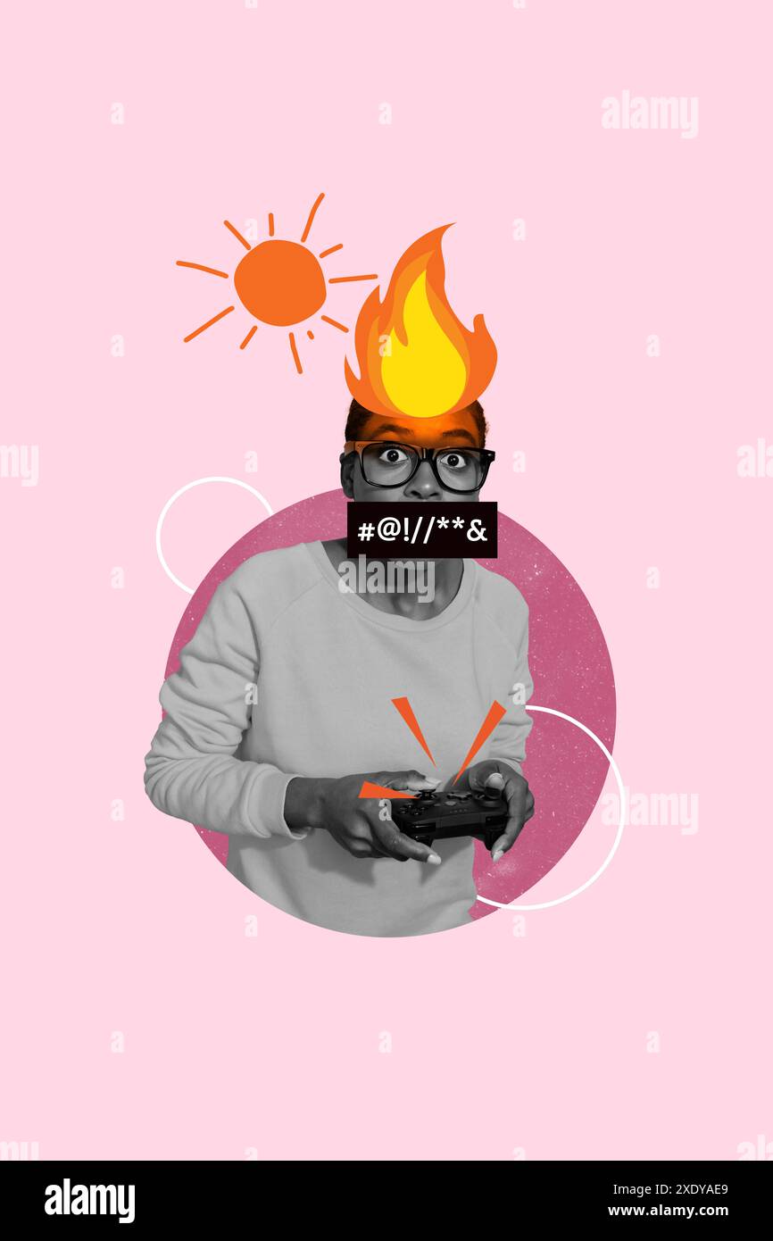 Vertical collage picture young nerd girl gamer joystick controller ...