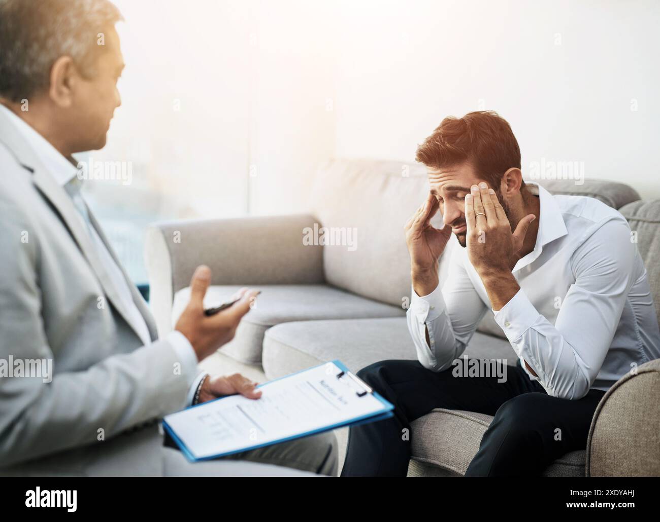 PTSD, psychology or trauma with counsellor and patient in office of ...