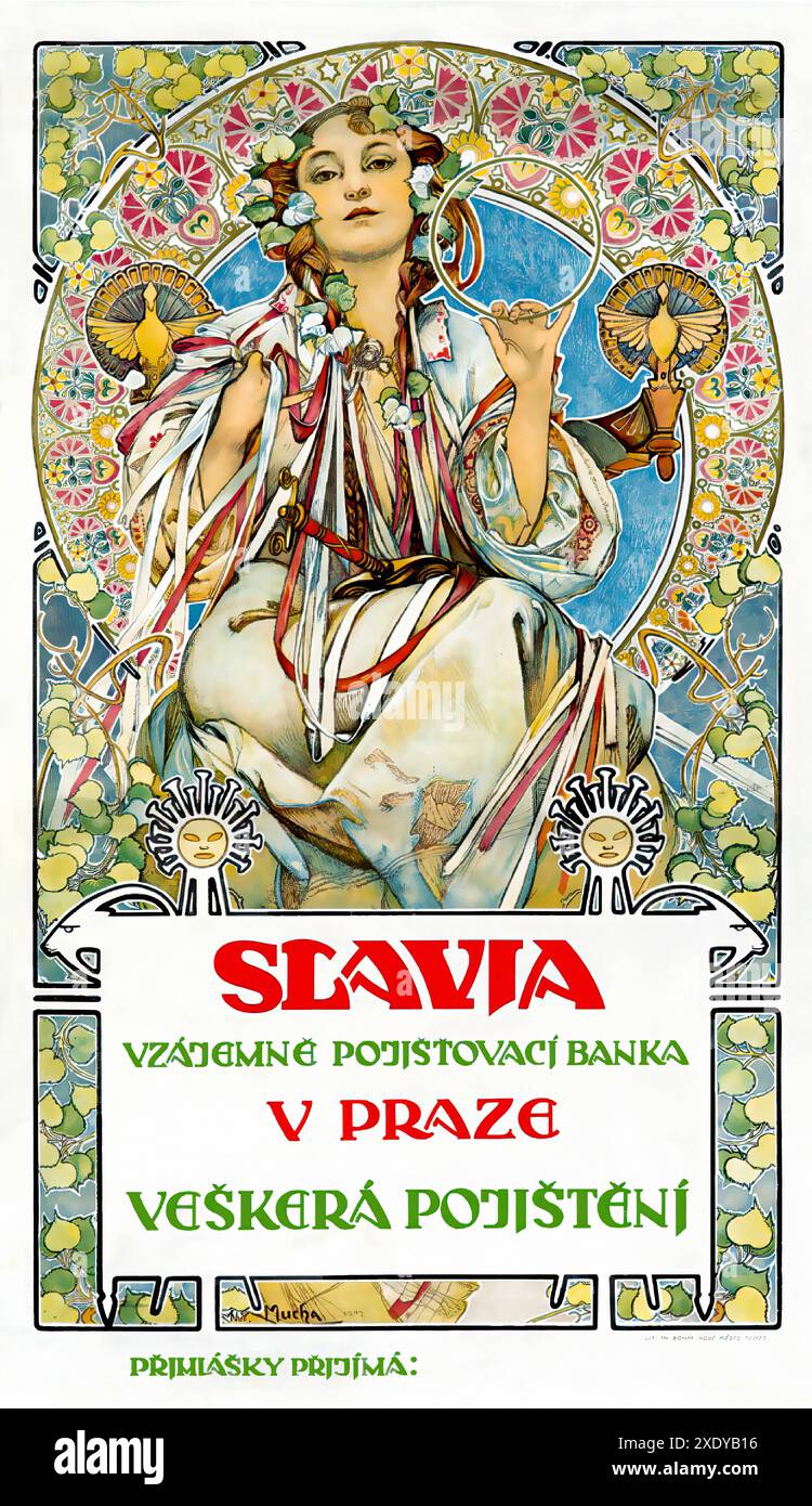 MUCHA Alfons Maria - Slavia Vzajemne Pojistovaci Banka v Praze 1907 Art ...
