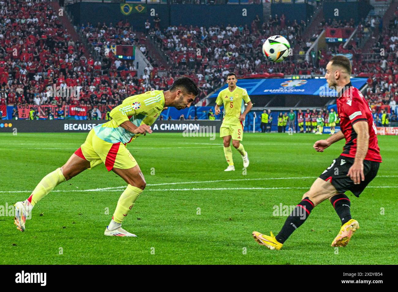 Ferran Torres (11) of Spain and Mario Mitaj (3) of Albania during a ...