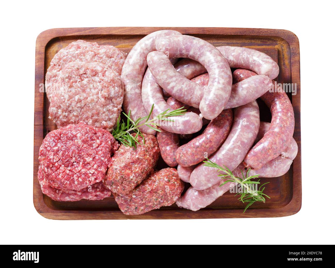 Mix of fresh meat products for grill on cutting board isolated on white ...