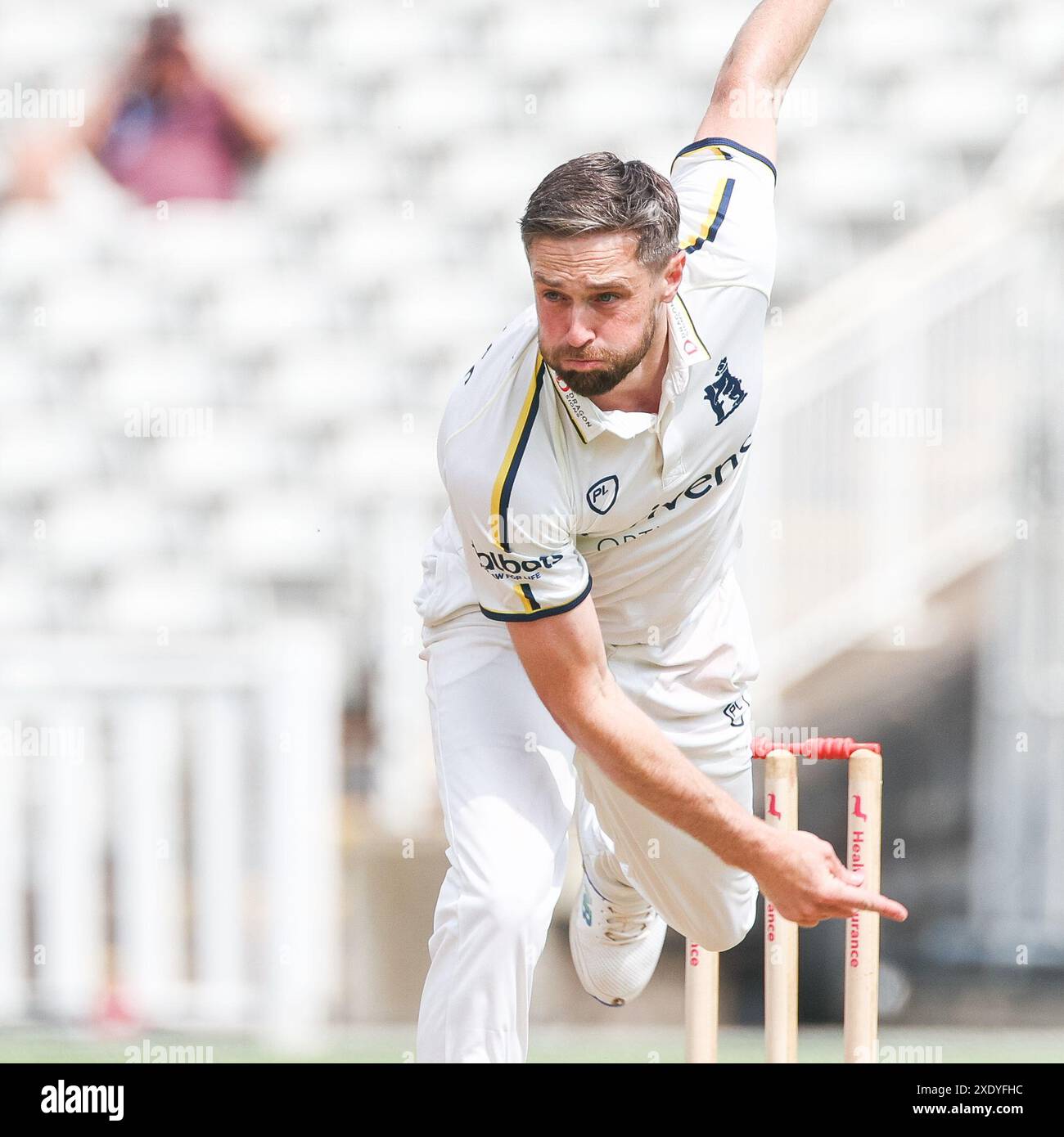 Birmingham, UK. 25th June, 2024. Chris Woakes in action bowling during ...