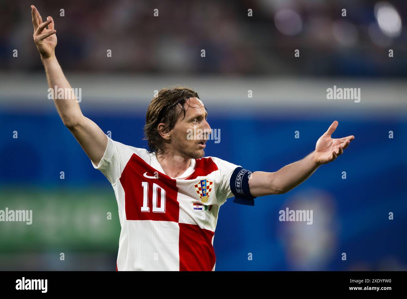 Leipzig, Germany. 24 June 2024. Luka Modric of Croatia gestures during ...