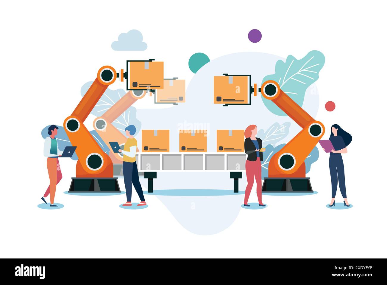 People With Automation Robot Arm Machine In Smart Factory Industrial Vector Illustration Stock