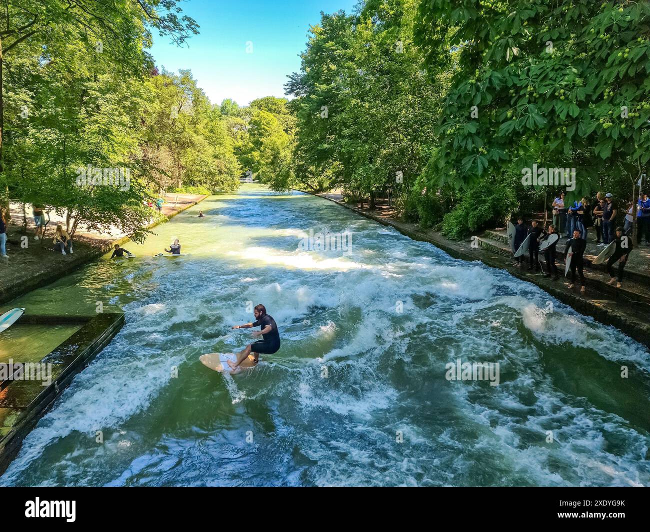 Munich, Germany - 22 June 2024: Surfer at the Eisbach wave in the ...