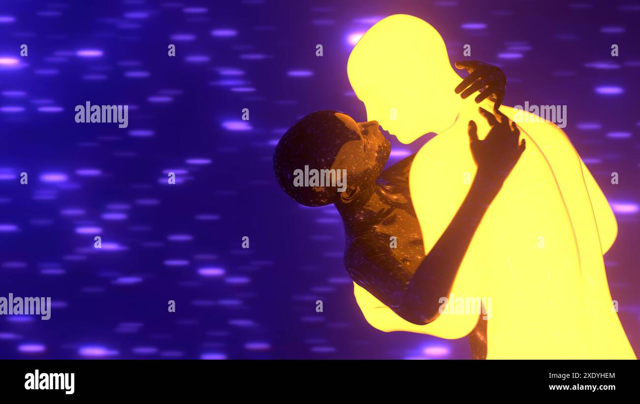 3d illustration. hugging people in astral space. sun and night Stock ...