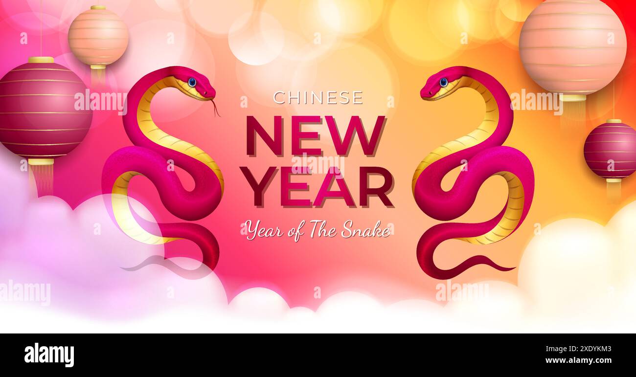 Year of the snake banner design, red Snake with cute pink lantern or ...
