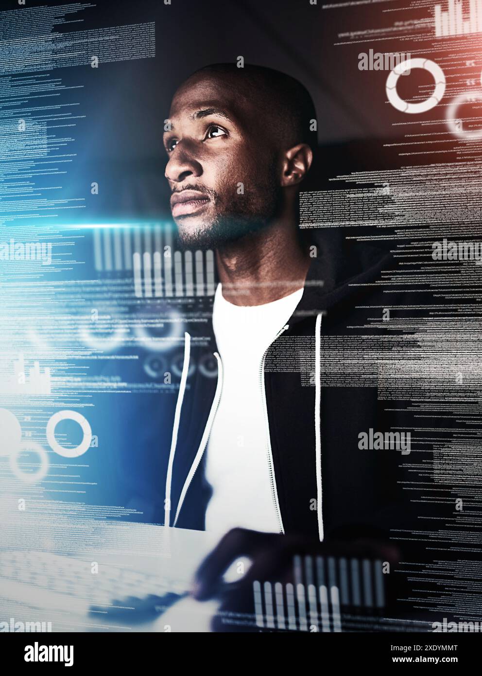 Black man, overlay and computer with cybersecurity on fraud or cloning ...