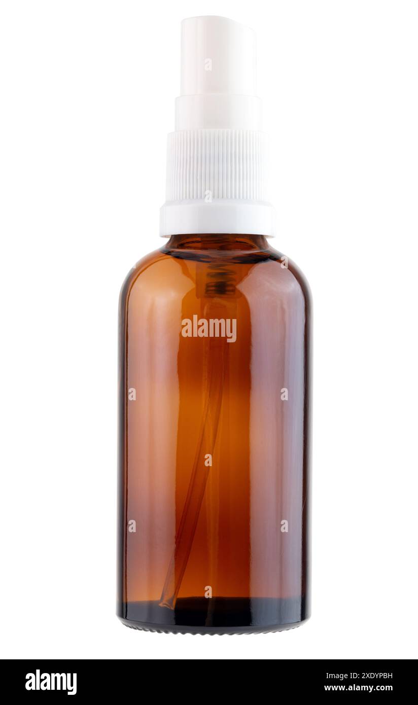 small brown glass bottle with spray white push button Stock Photo - Alamy