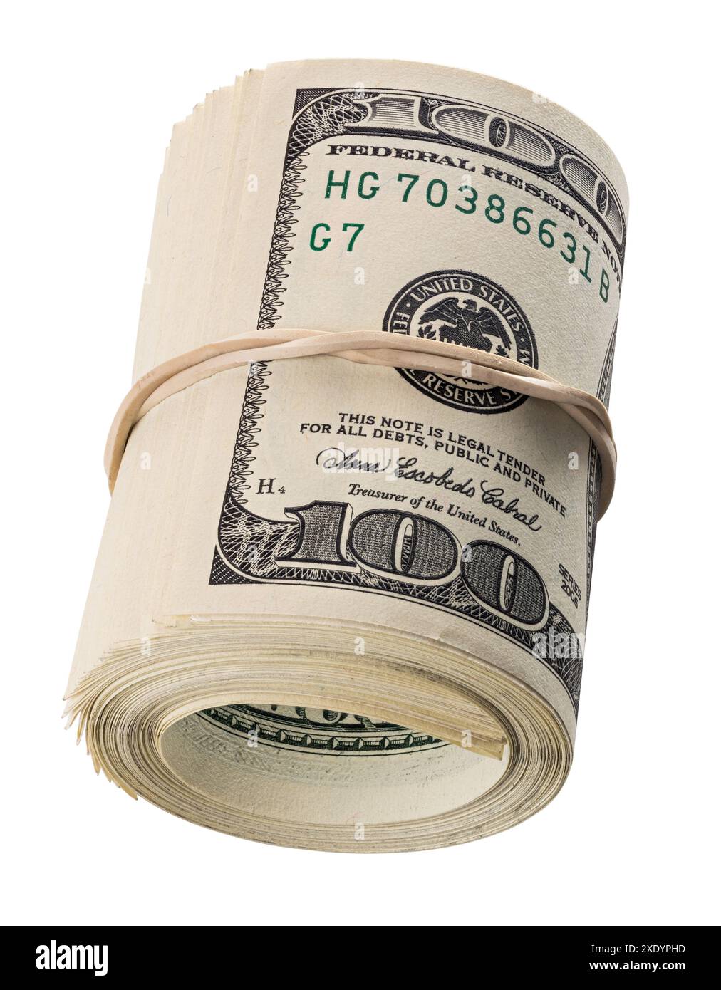 A roll of hundred us dollars laying on side isolated on white ...
