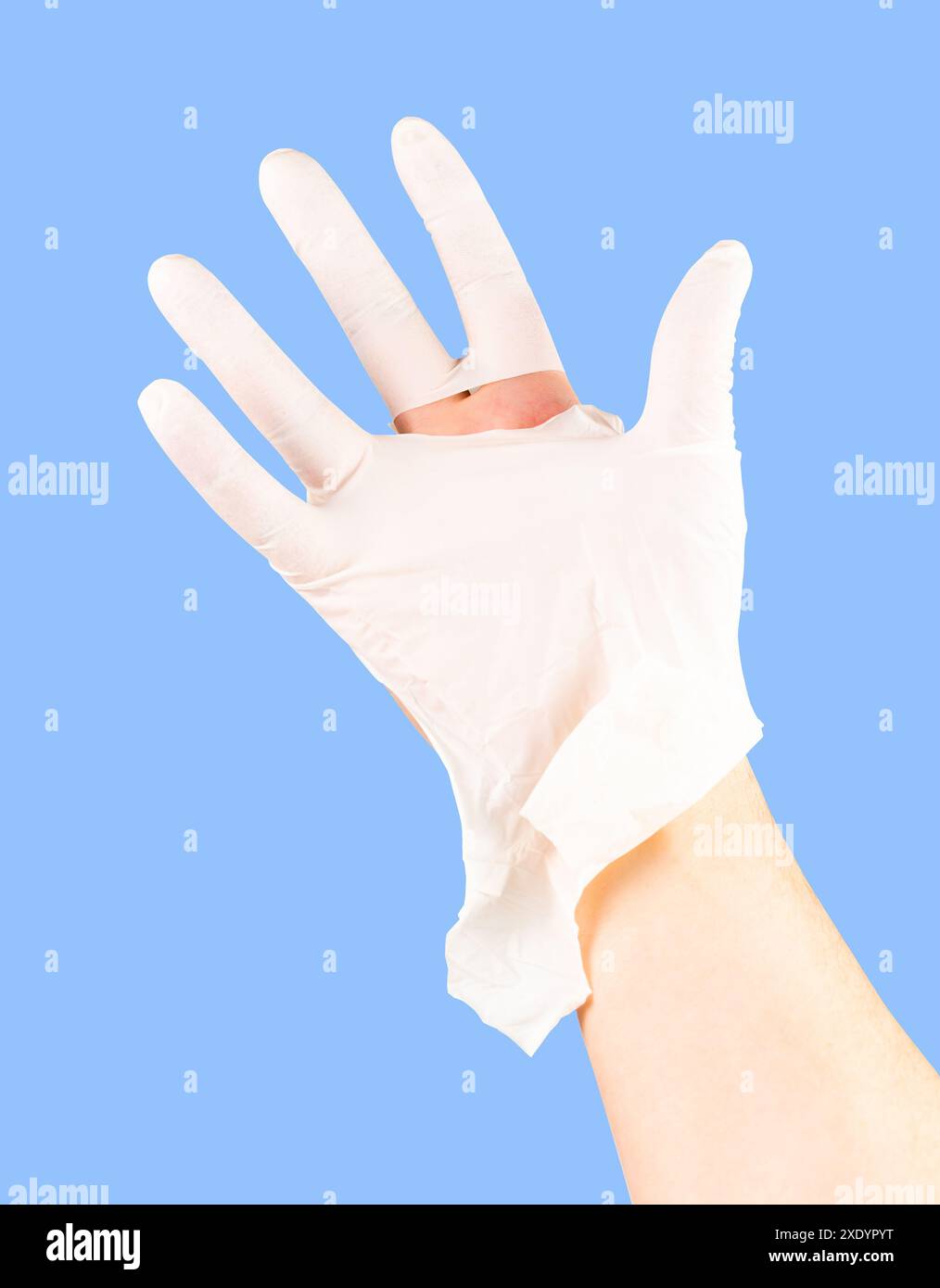 Broken white latex surgeon medical glove on caucasian hand isolated on ...