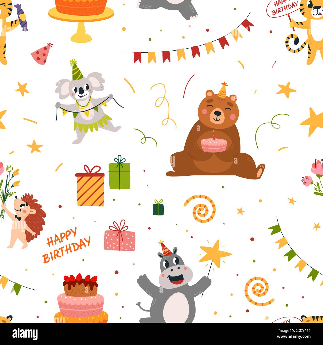Birthday animals seamless pattern. Celebrating childish fabric print ...