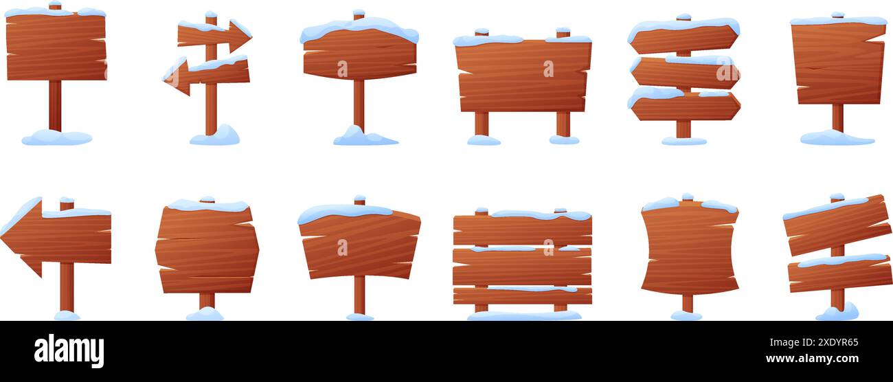 Wooden banner with snow caps. Snowy signboards, new year and christmas ...