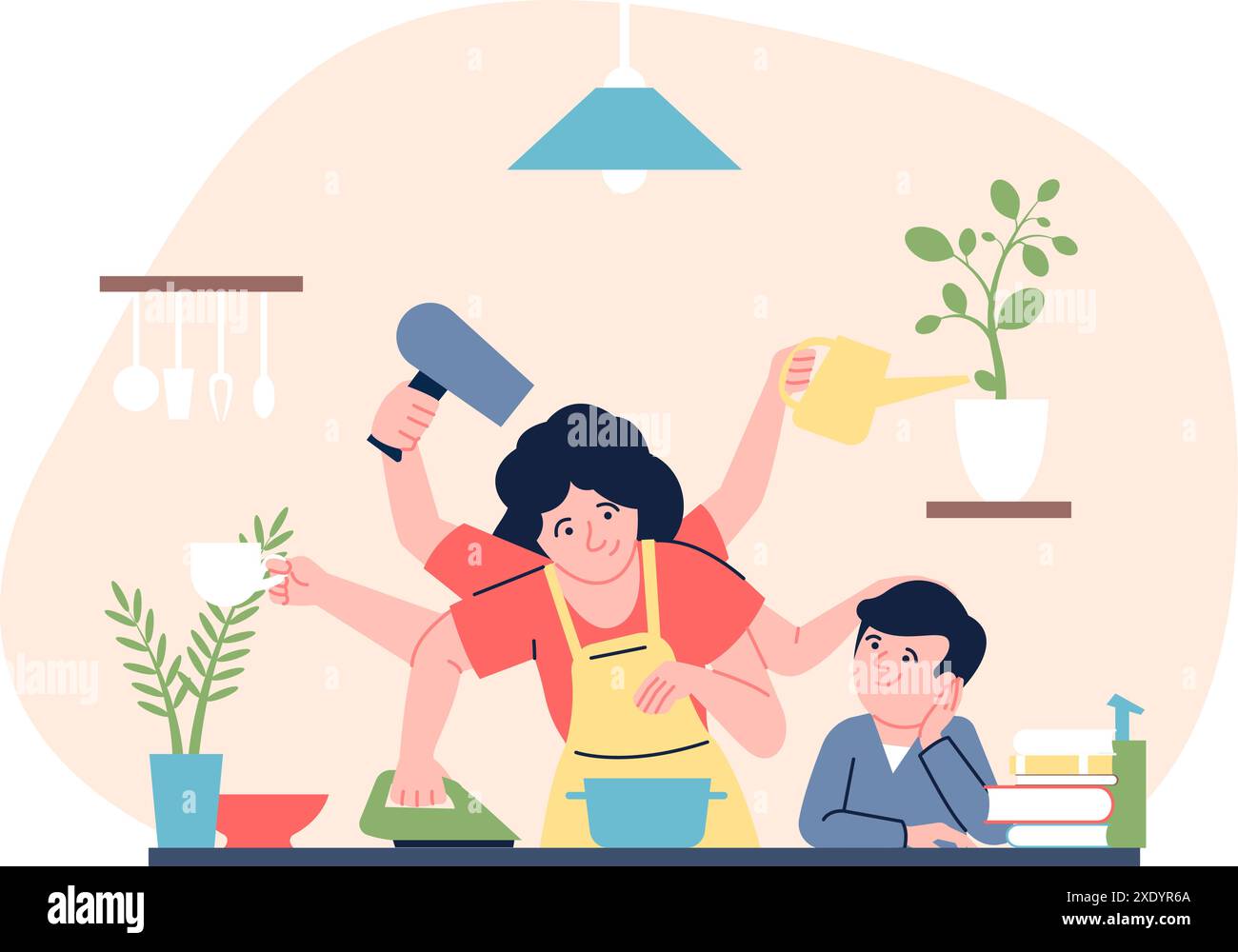 Multitasking woman. Housewife mother with many hands does different ...