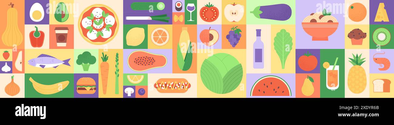 Abstract geometric food in square tiles. Fruits and vegetables. Coffee ...