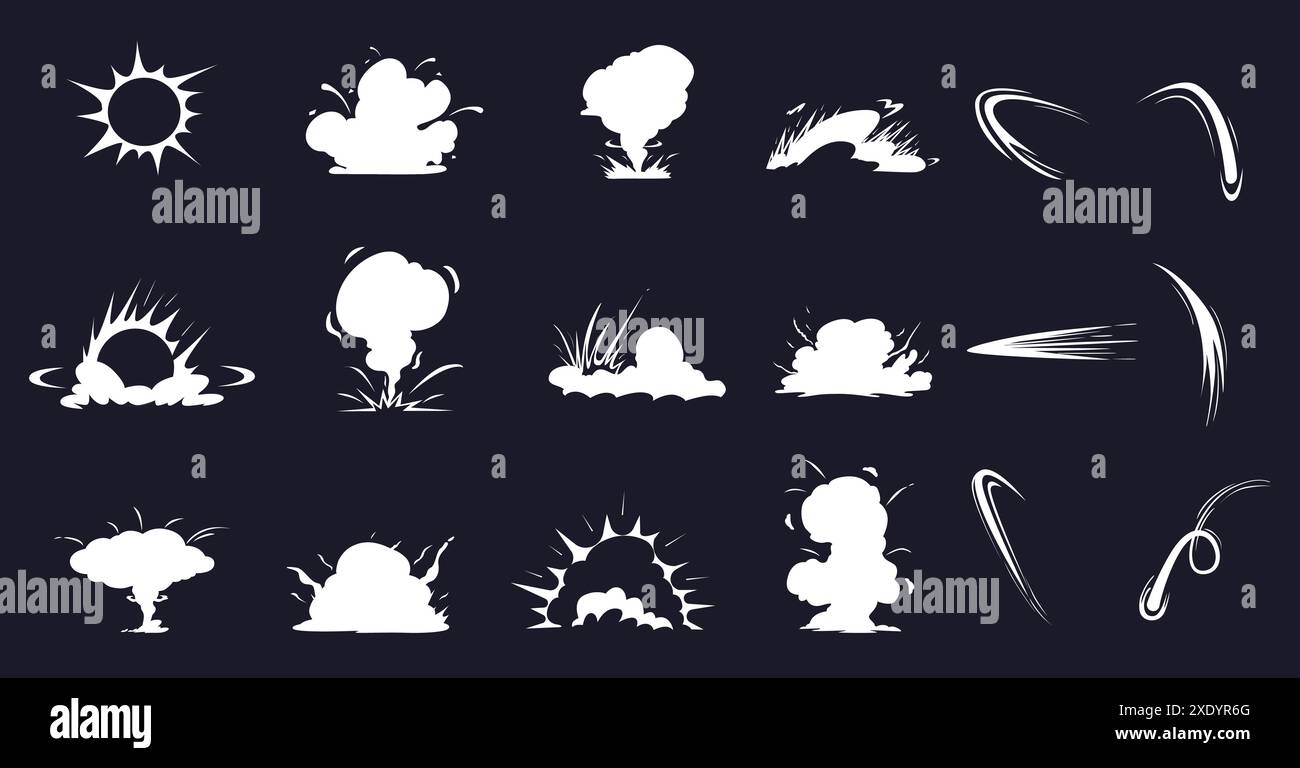 Explosion cartoon comic effects. White clouds of fog, smoke. Flash of ...