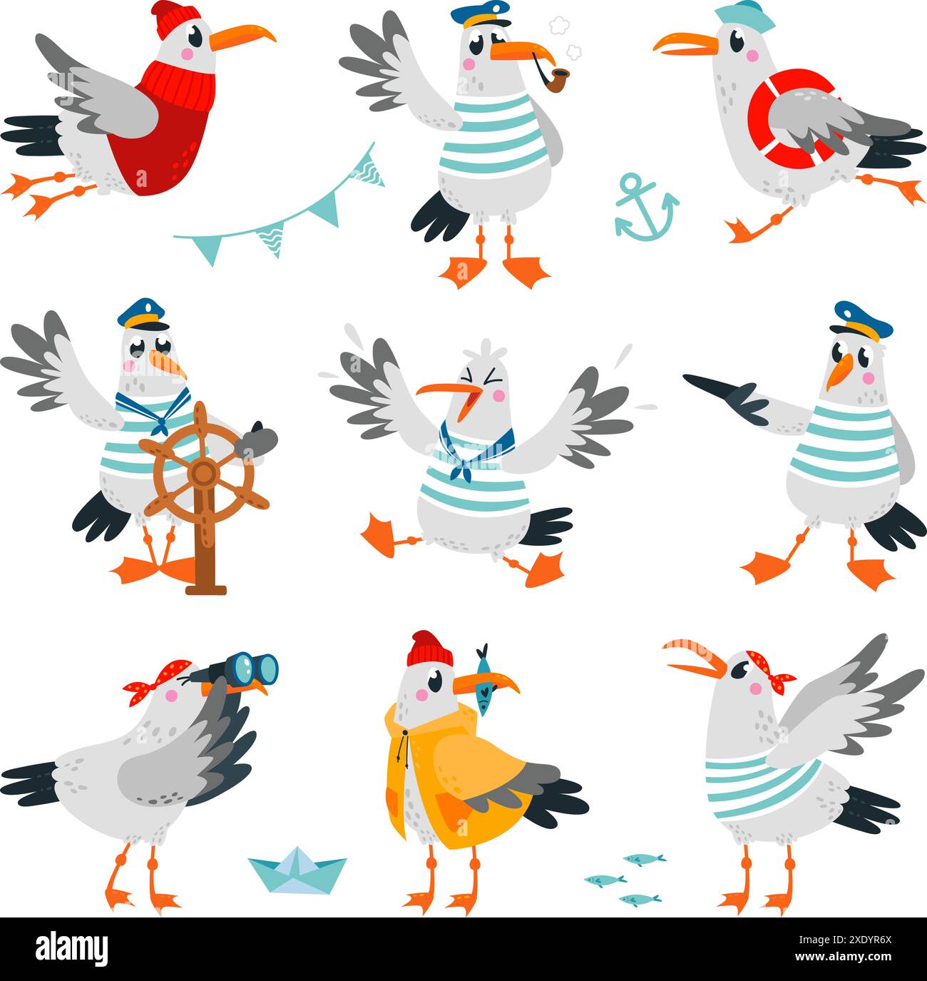 Sailor seagull. Cute seagulls captain and pirates, wear striped shirts ...