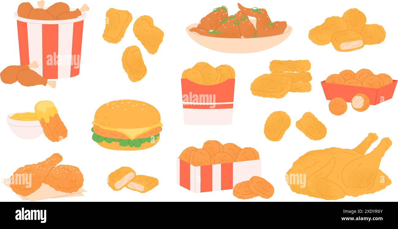 Cartoon chicken nuggets. Tasty wings legs stripes and fried crispy ...