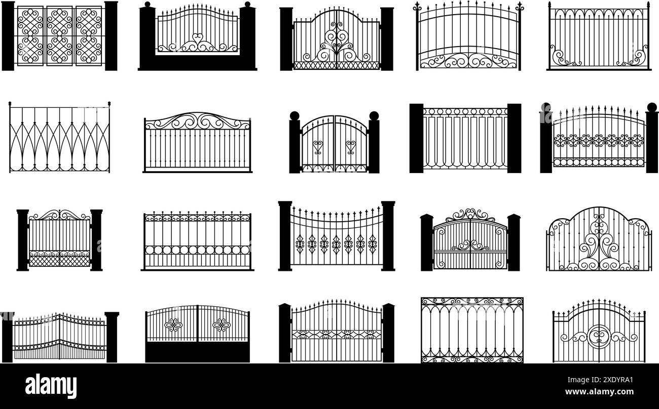 Black ornate fence elements. Isolated decorative fences gates ...