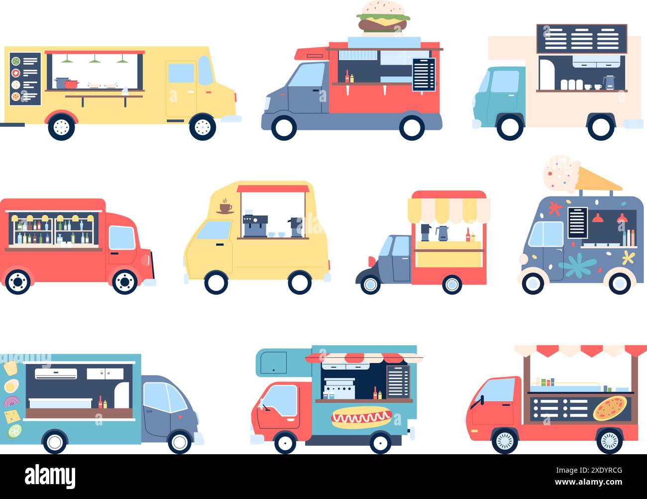 Food trucks. Burger pizza ice cream coffee and hot dog in street van ...