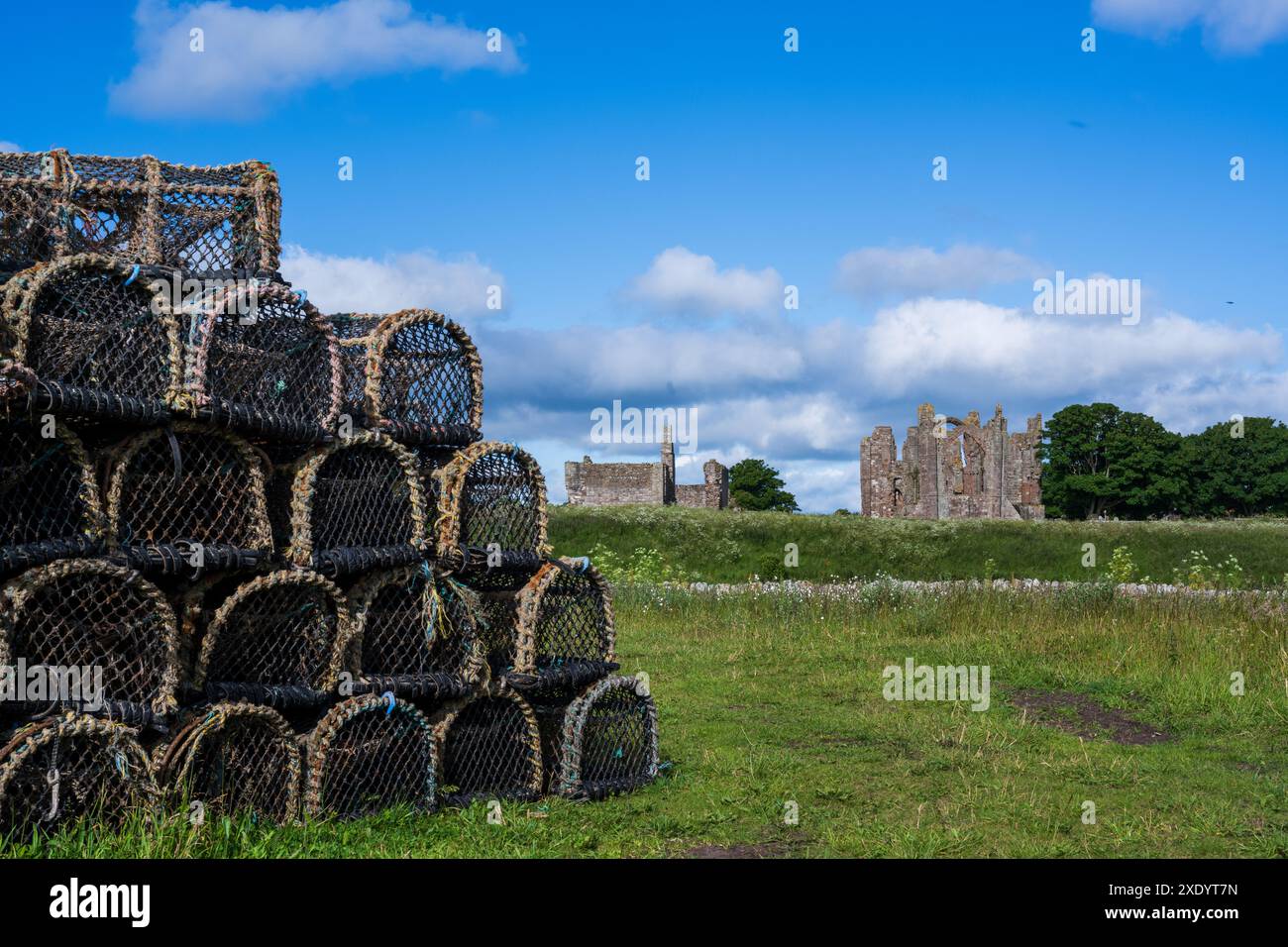 Lobster/crab/creel pots stacked up on the Holy Island of Lindisfarne ...