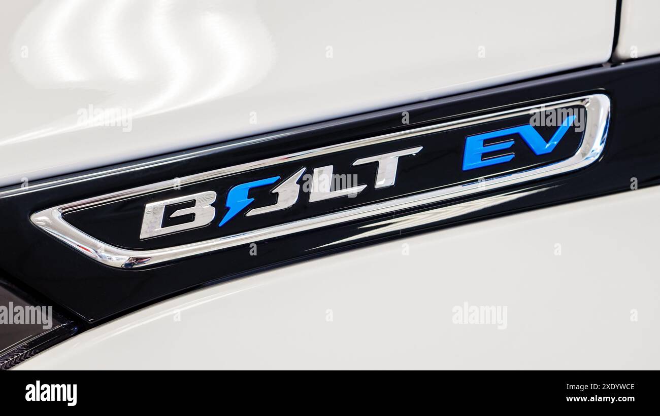 Chevrolet Bolt EV electric car logo. Sign Chevrolet Bolt EV. Close-up ...