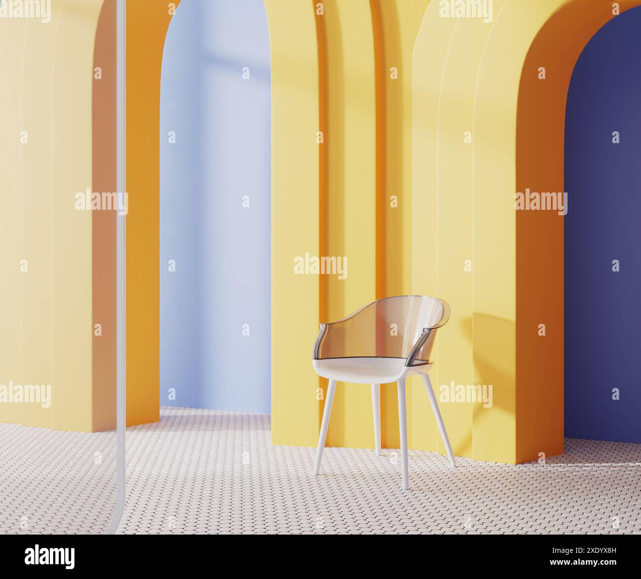 Interior with modern chair and yellow arches, blue walls and glass ...