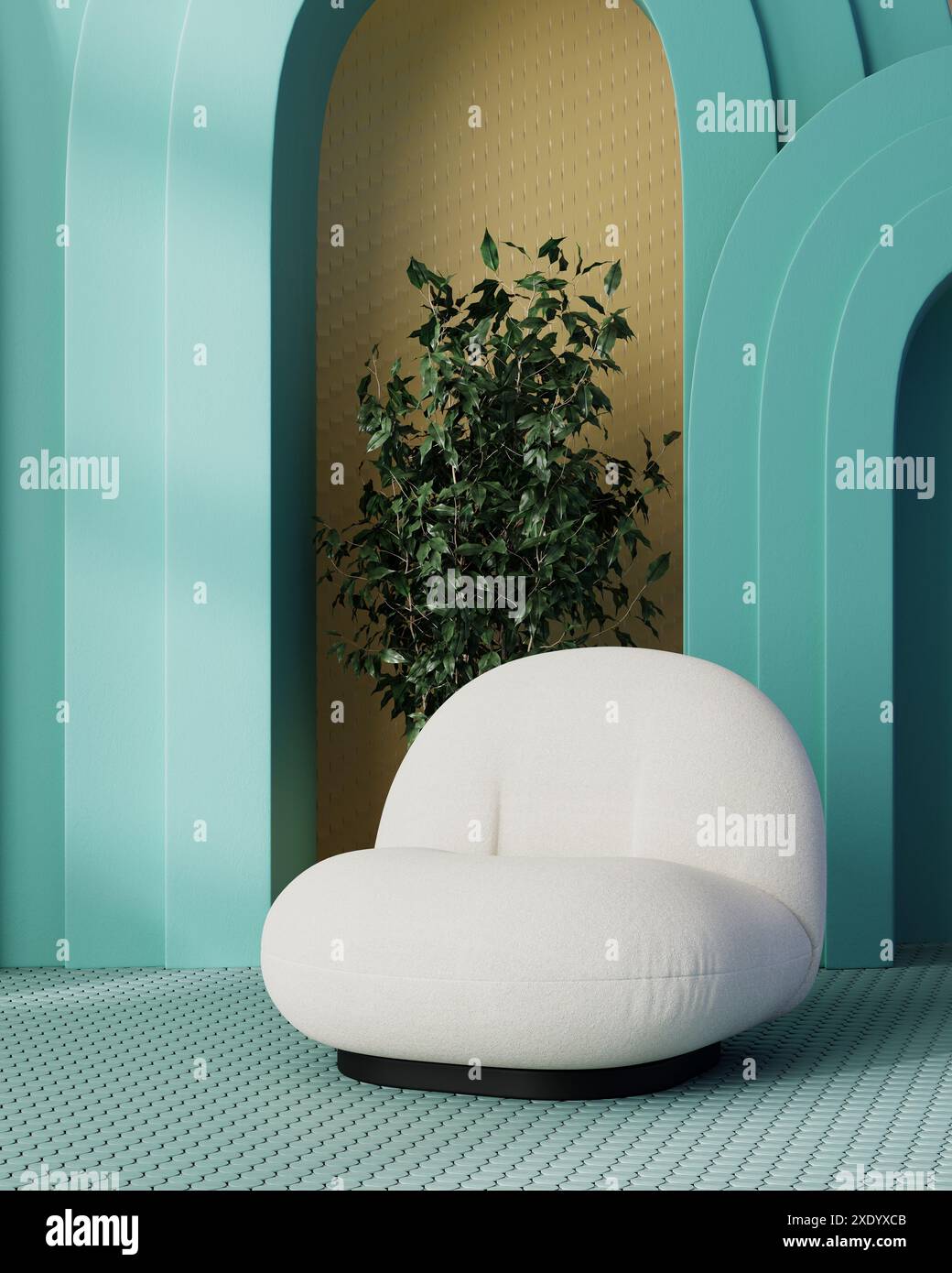 Interior with white armchair, blue arches and yellow wall, 3d rendering ...