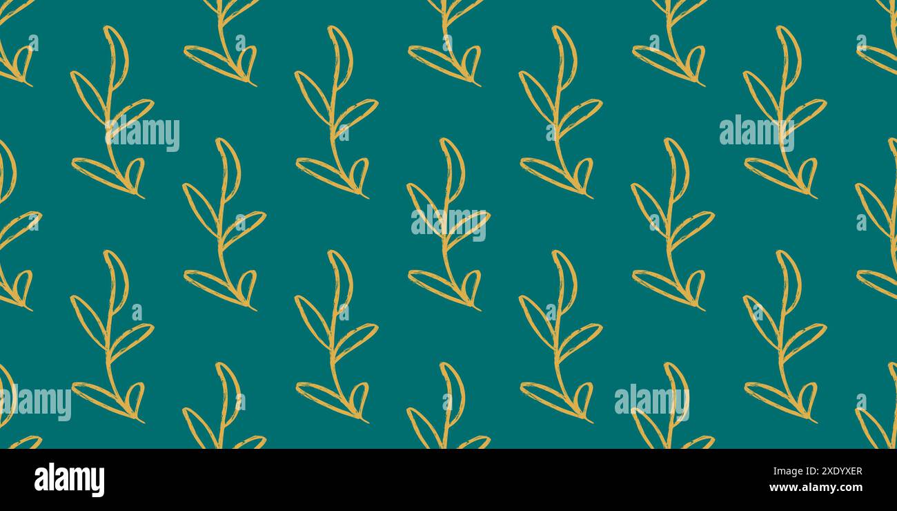 Golden foliage on emerald background seamless pattern. Green leafy ...