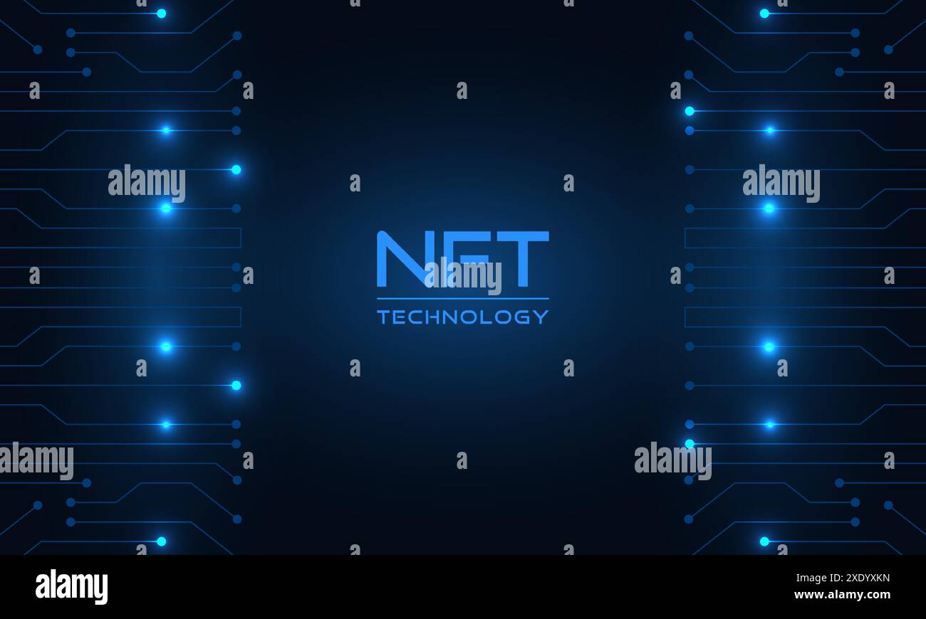 Glowing blue NFT technology banner. Abstract digital technology background with circuit board ...