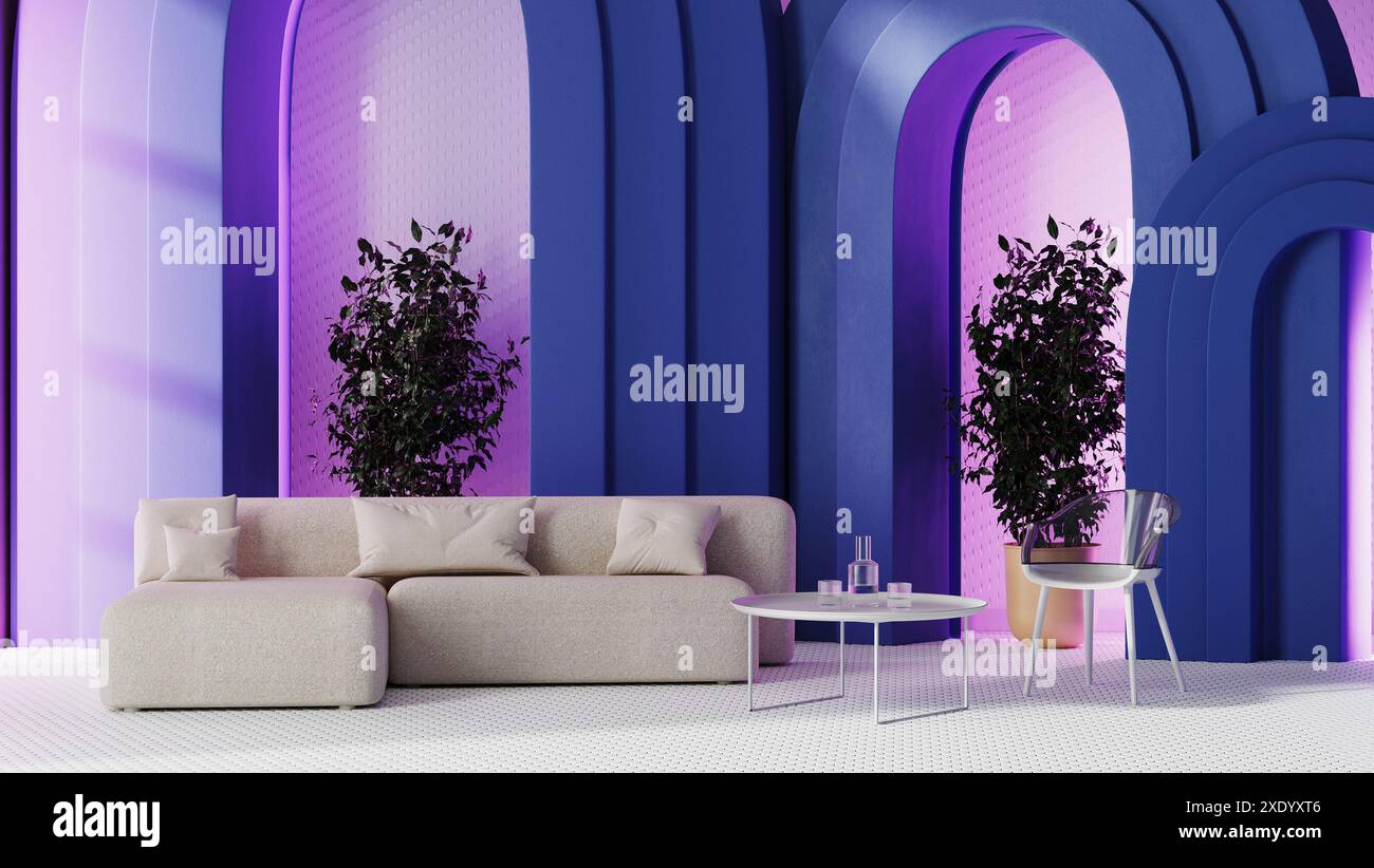 Modern living room interior with blue arches and pink walls, white sofa ...