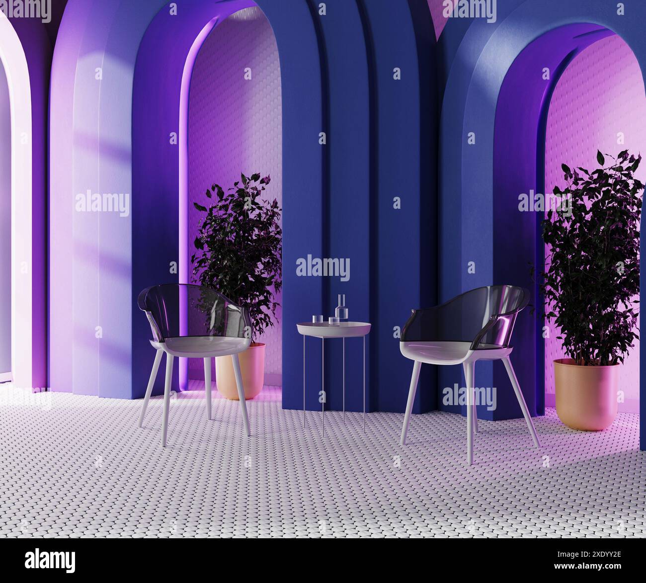 Chairs and table in modern room with blue arches, pink neon light and ...
