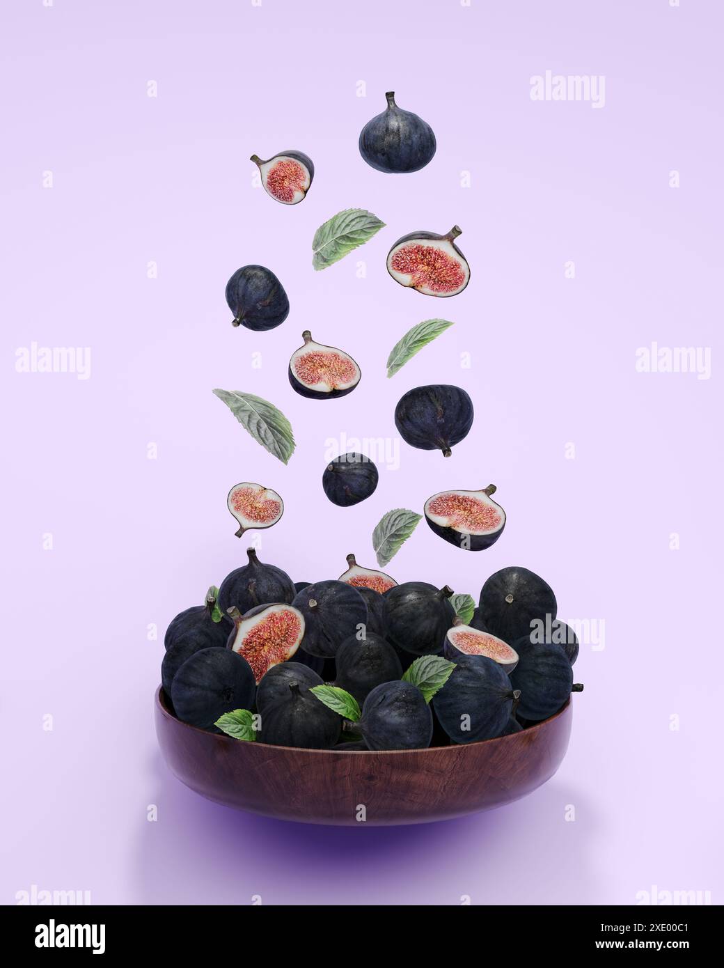 Fresh figs fruits and slices of figs falling and levitating, purple ...