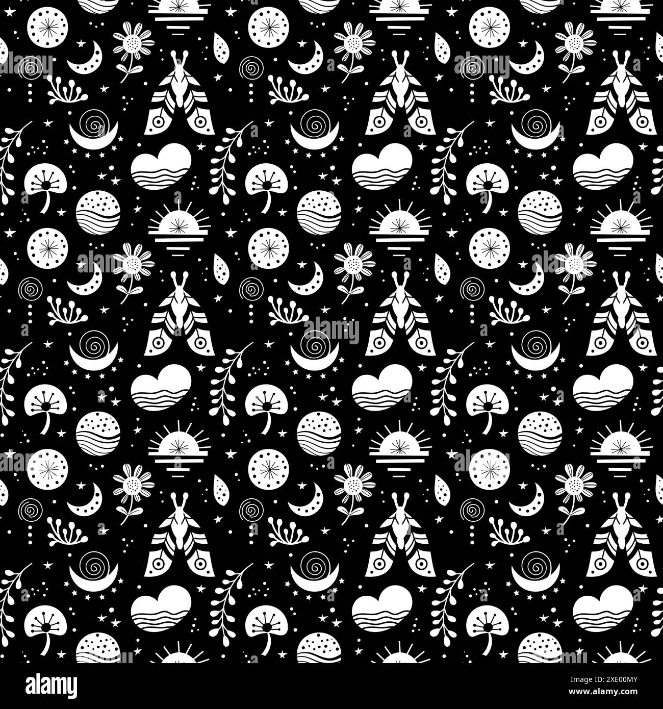 Seamless neo folk art vector pattern with butterfly, moth and flowers ...